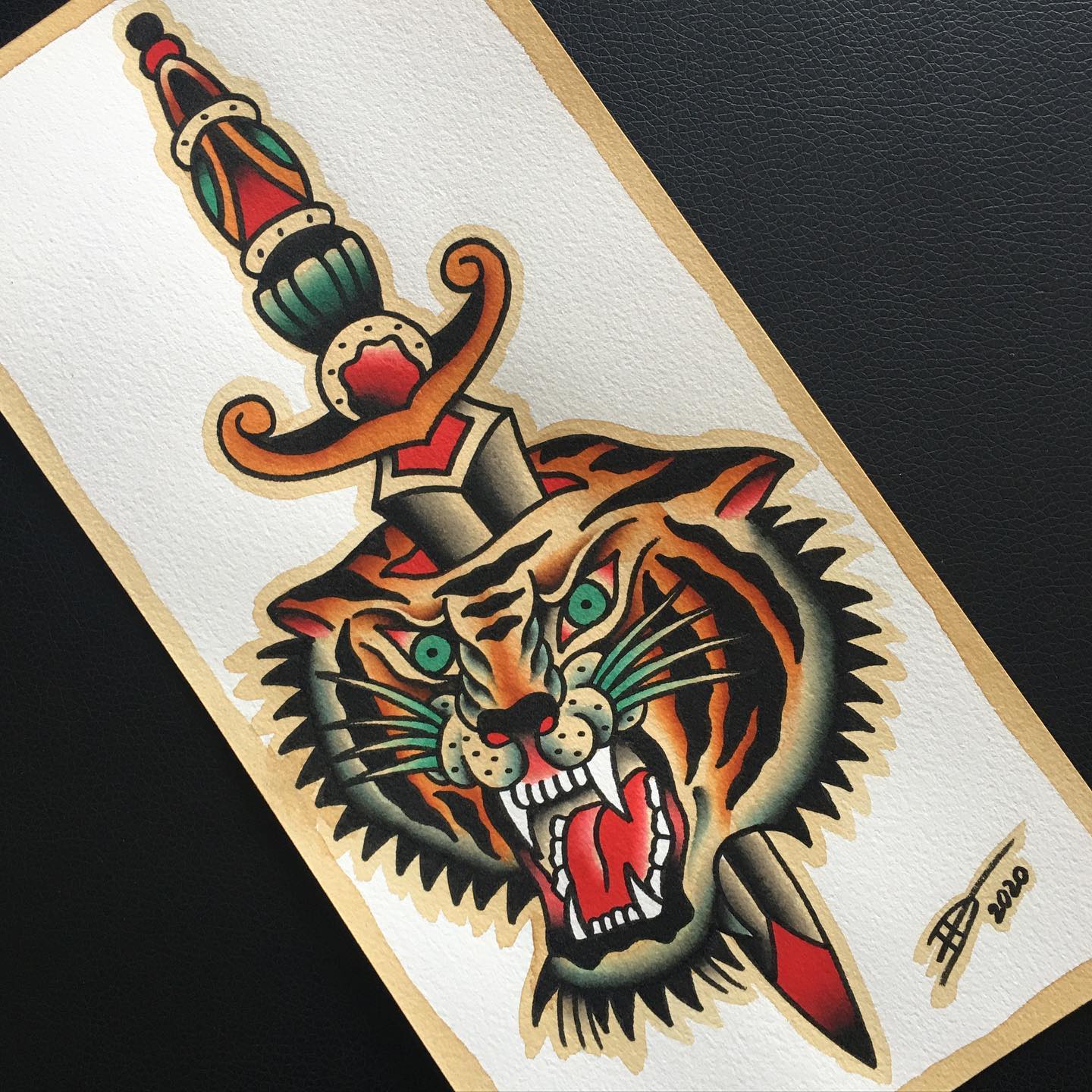 Traditional Tiger And Dagger Tattoo